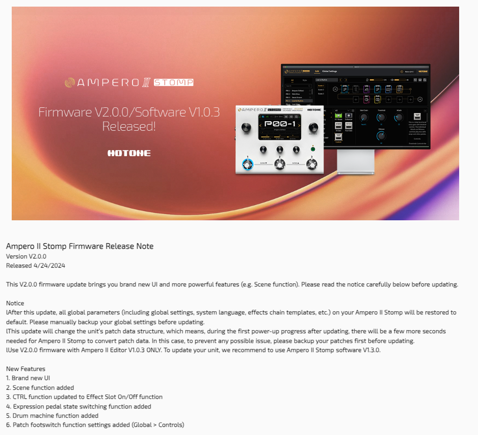 암페로 2 스톰프 펌웨어 업데이트 (씬추가) | 중고악기 뮬